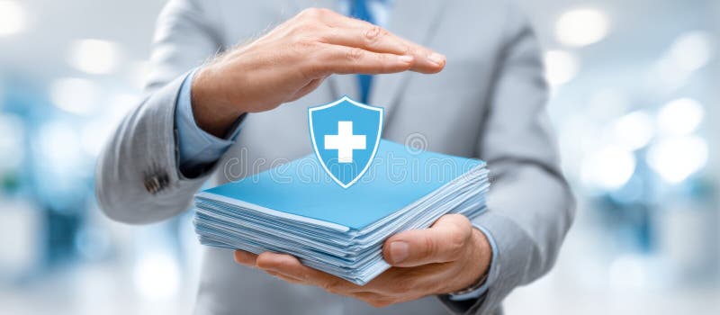 Hand Delivering a Stack of Blue Papers with a Protective Shield Symbol ...