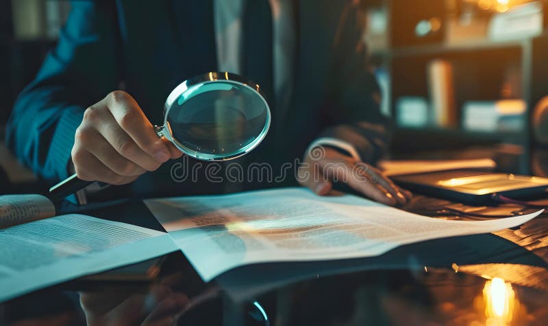 A Person in a Suit Meticulously Examining Documents with a Magnifying ...