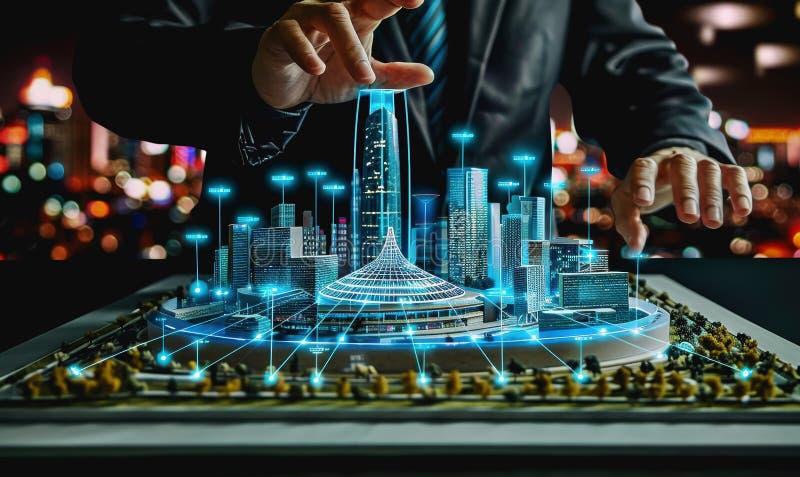 Person in Suit Presenting a High-tech, Holographic Building Model Stock ...