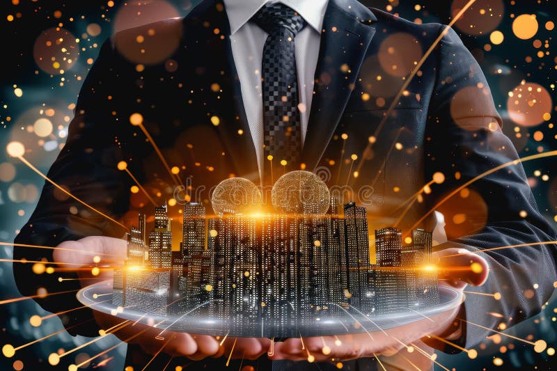 Person in Suit Presenting a High-tech, Holographic Building Model Stock ...