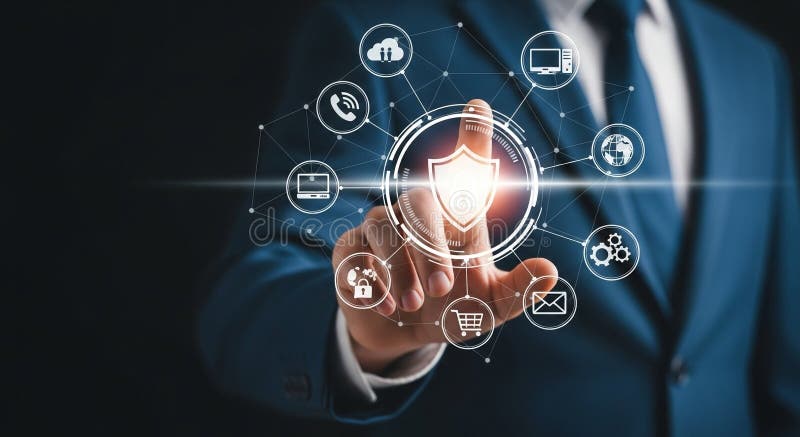 A Person in a Suit Touching a Digital Shield Surrounded by Icons ...