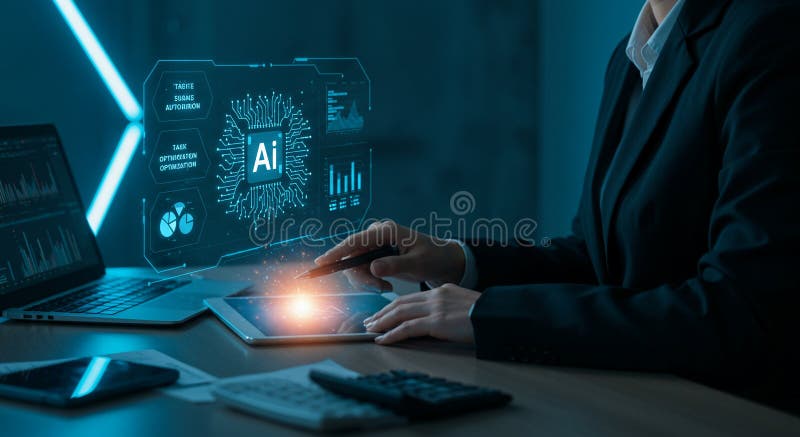 Person in Suit Using Stylus on Tablet with AI Interface and Data ...