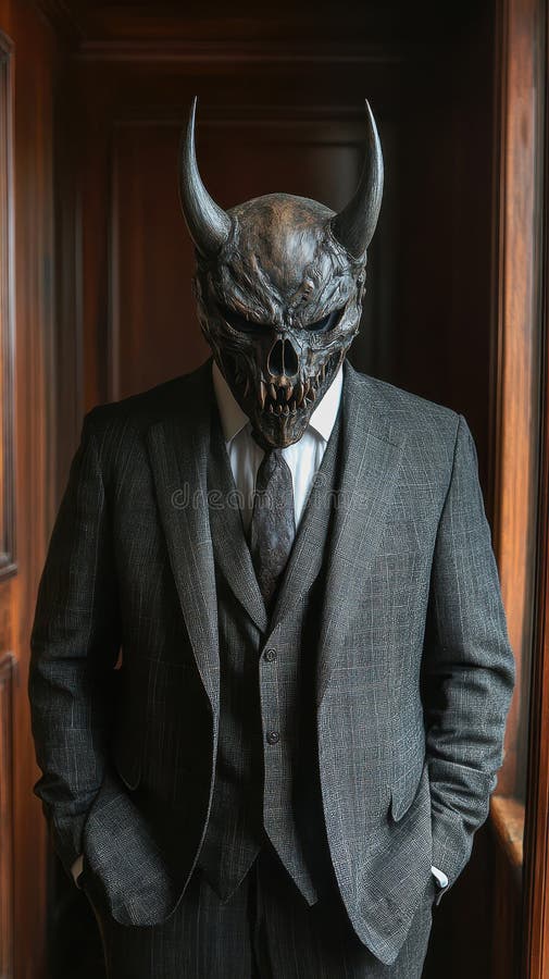 Person in Suit Wearing Horned Mask Stands Confidently Stock ...