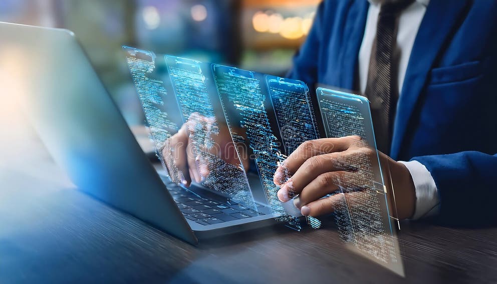 A Person in a Suit Works on a Laptop, Interacting with Holographic ...
