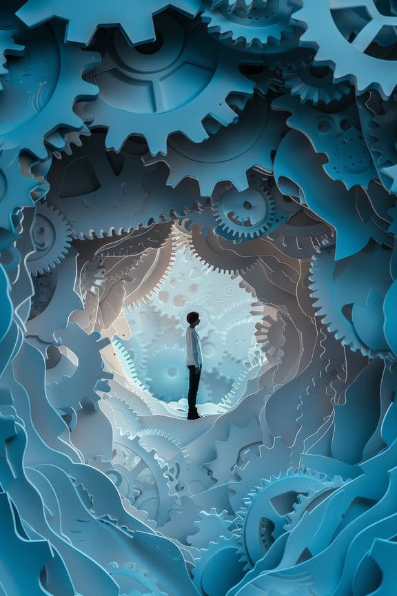 Person Surrounded by Brain Gears Cutouts, Symbolizing Overthinking ...