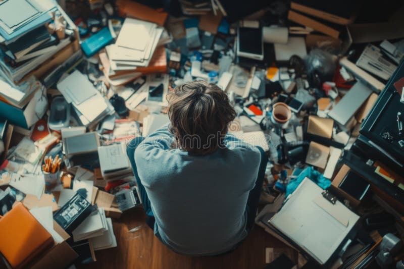A Person Surrounded by Clutter Sits in Deep Thought. the Overwhelming Chaos of Objects ...