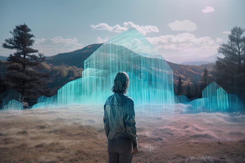 Person, Surrounded by Holographic Glitch Field, Interacting with the ...