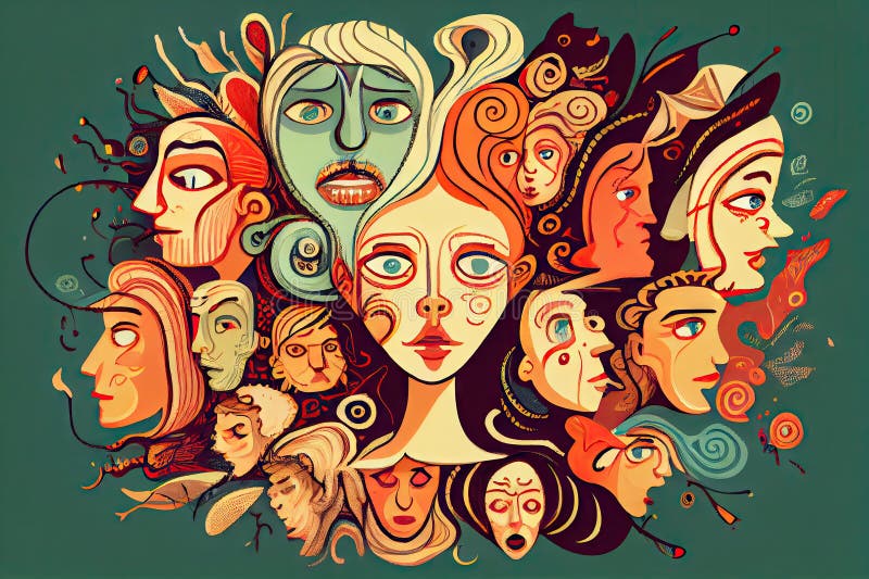 Person, Surrounded by a Mix of Expressive and Whimsical Faces Stock ...