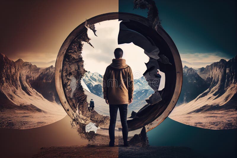 Person, Surrounded by Split Realities, with One Version of the Person ...