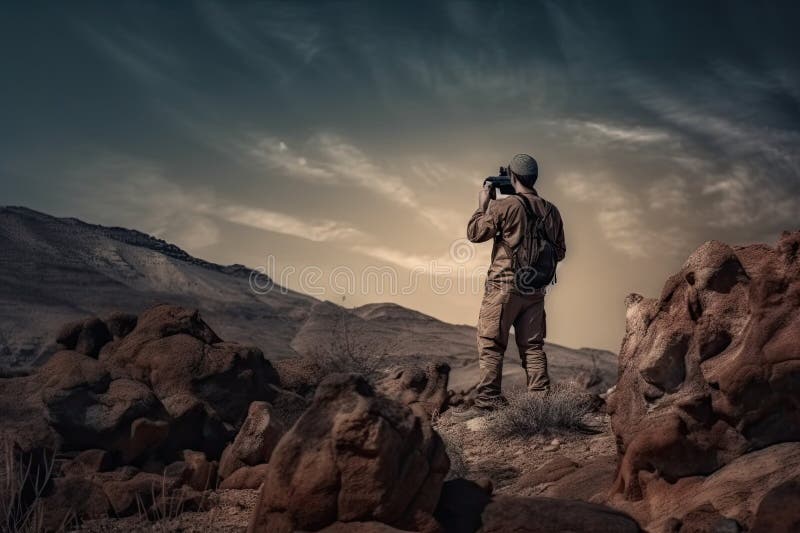 Person, Surveying and Exploring Mysterious and Unknown Land Stock ...