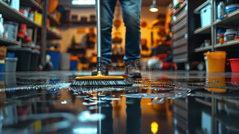 Person Sweeping a Shiny Floor in a Cluttered Workshop during Evening ...
