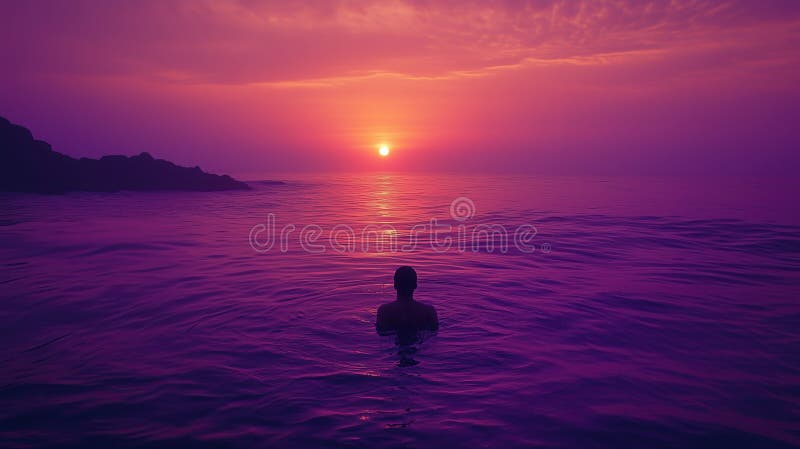 Person Swimming in Purple Ocean at Sunset Stock Image - Image of adult ...