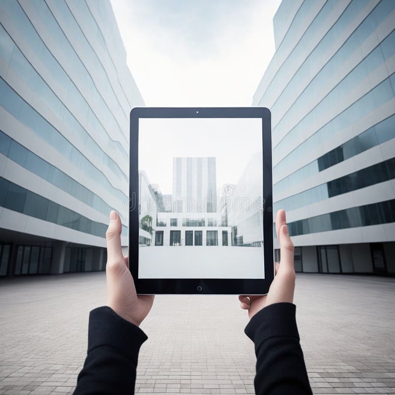 Person with Tablet in Front of Modern Building Stock Image - Image of ...