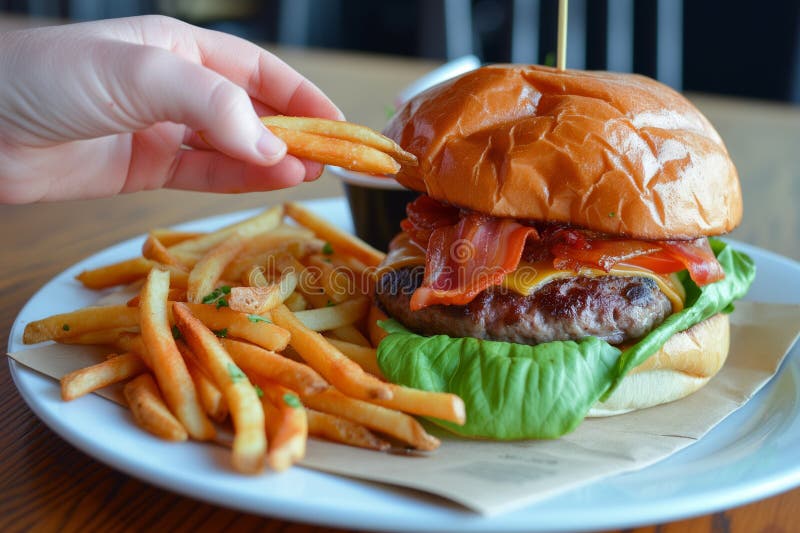 Person Taking a Bite from a Juicy Burger, Fries on Side Stock Image ...