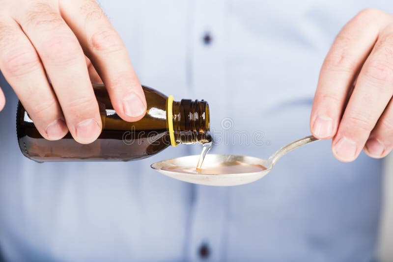 The Person Taking Cough Syrup. Stock Photo - Image of asthmatic ...