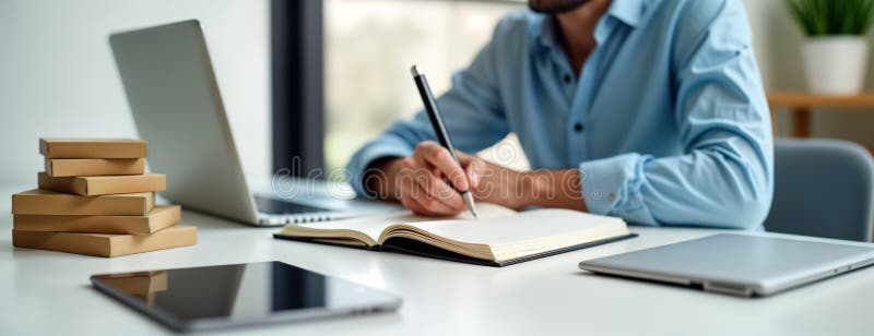Person Taking Notes at Desk with Laptop, Tablet. Modern Work from Home ...