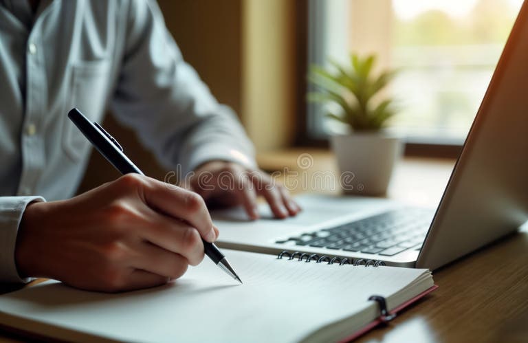 Person Taking Notes on Notebook with Pen. Work in Progress. Person ...