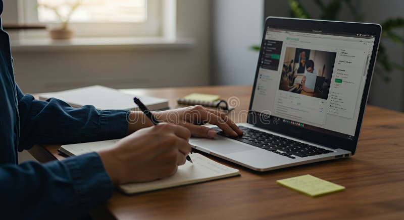 Person Taking Notes during a Video Conference while Working on a Laptop ...