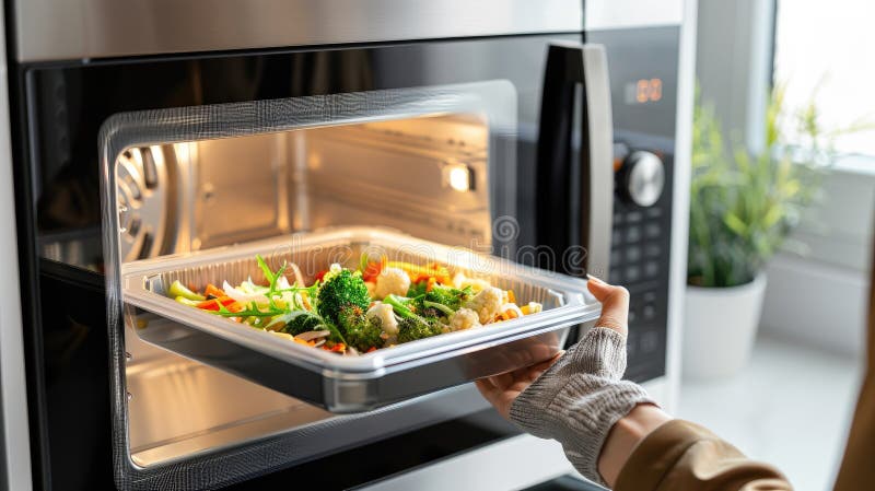 A Person is Taking Out a Tray of Cooked Vegetables from a Modern Oven ...