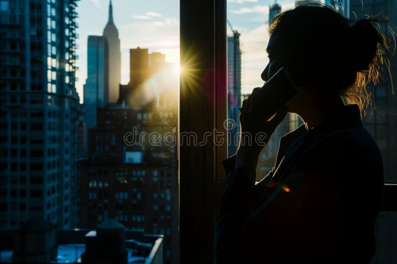 Person Taking a Phone Call, Backlight by City Skyline Outside Stock ...