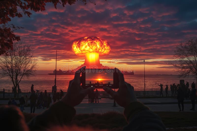 A Person Taking a Picture of a Nuclear Explosion at Sunset Stock Image ...