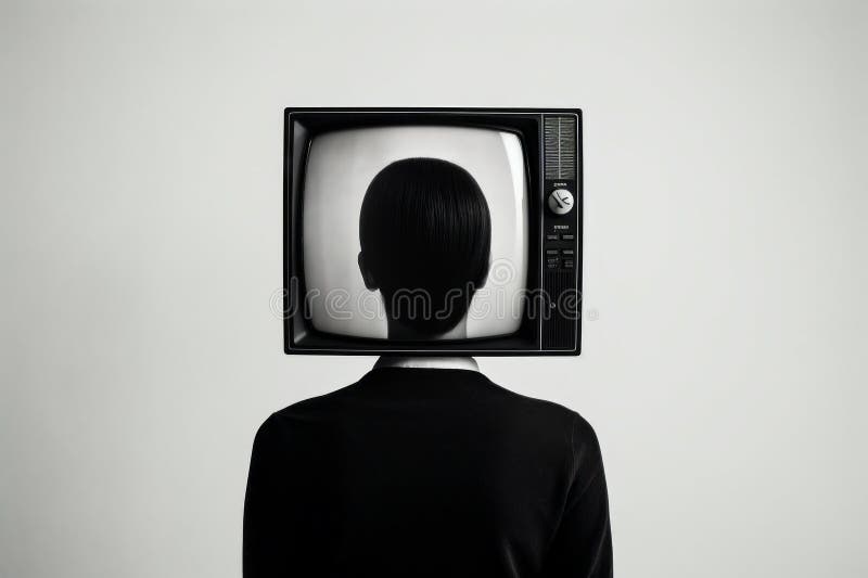 Person with Television on Their Head with Black and White Image of ...