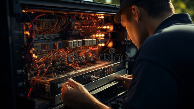 Person Testing an Electrical System on a Server Box. Generative AI ...