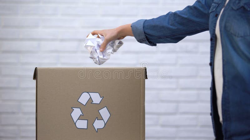 Person Throwing Crumpled Used Paper Pages in a Trash Can. Collecting ...