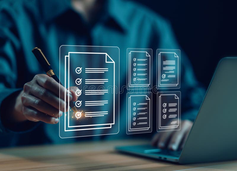 The Person Ticks the Checkmark in the Box on the Laptop. on the List of ...