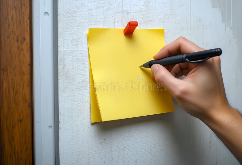 A Person is about To Write on a Blank Sticky Note Attached on Wall ...