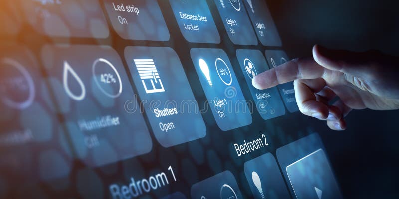 Person Touching a Button on Smart Home Dashboard Interface To Control ...