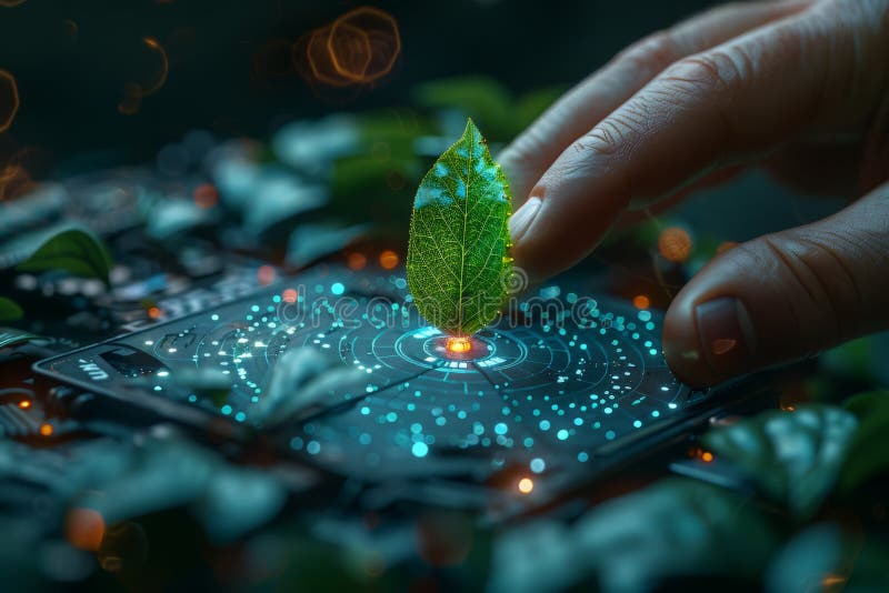 A Person is Touching a Cell Phone with a Green Leaf, Connected To ...