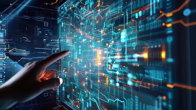 Software Engineer Touching Interactive Digital Screen with Data Flowing ...