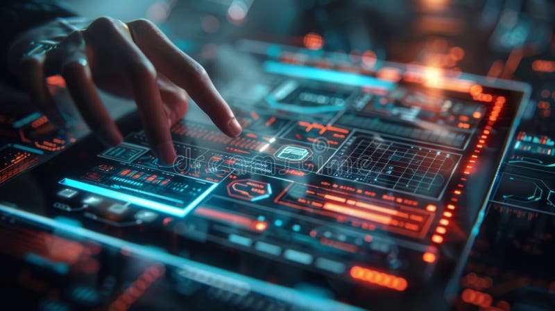 A Person is Touching a Futuristic Computer Screen with Glowing Lights ...
