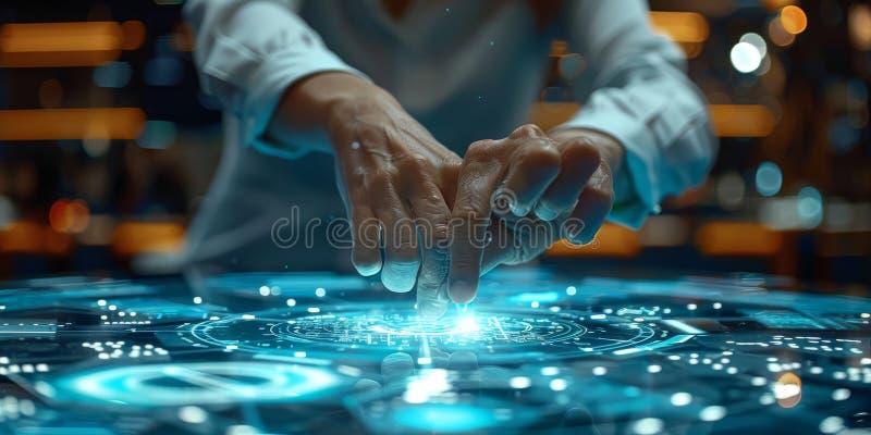 A Person is Touching a Glowing Circle on a Computer Screen. Futuristic ...