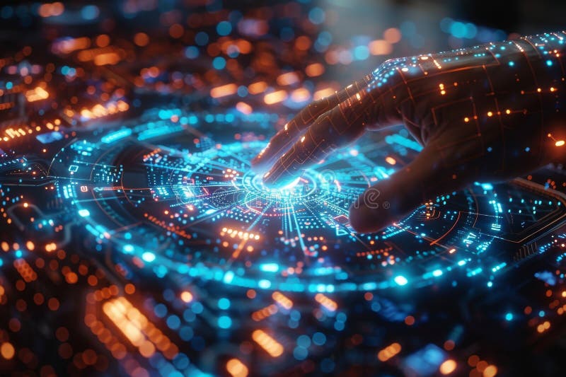A Person is Touching a Glowing Circle on a Computer Screen. Futuristic ...