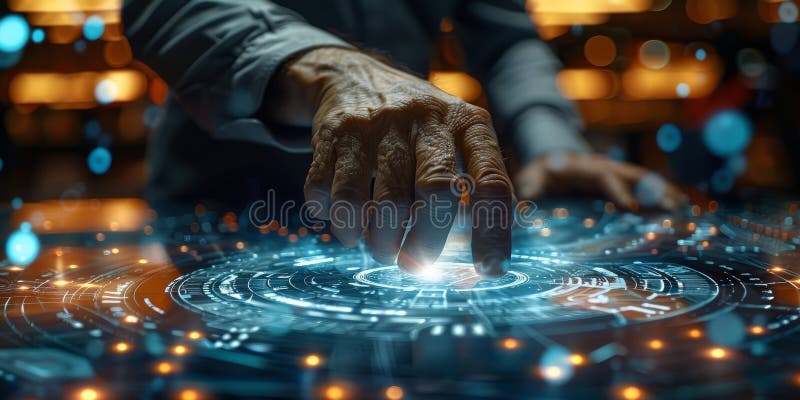 A Person is Touching a Glowing Circle on a Computer Screen. Futuristic ...