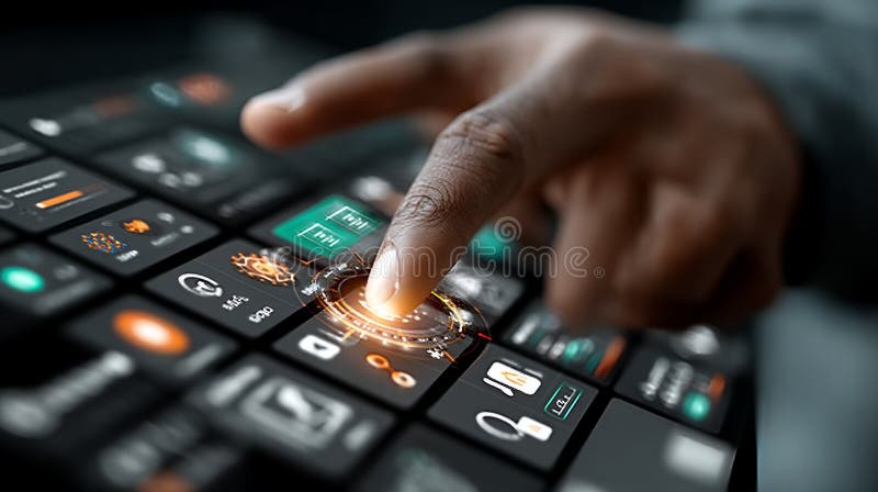 Person Touching Interactive Touchscreen with Glowing Interface Stock ...