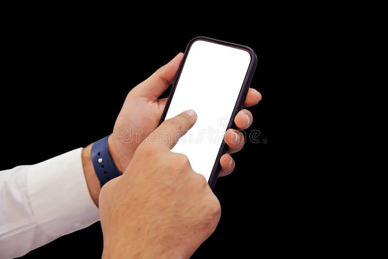 Person Touching on the Phone Screen with Black Isolated Backdrop. Using ...
