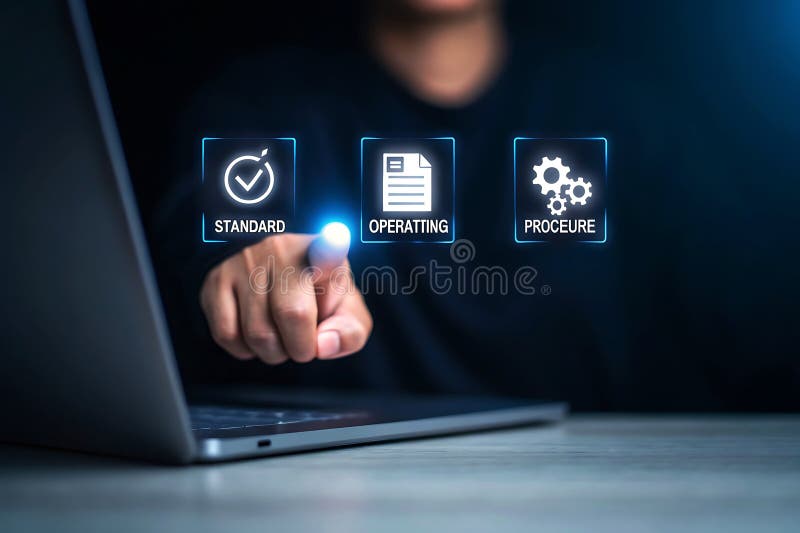 Person Touching Screen with Icons for Standard Operating Procedure and ...