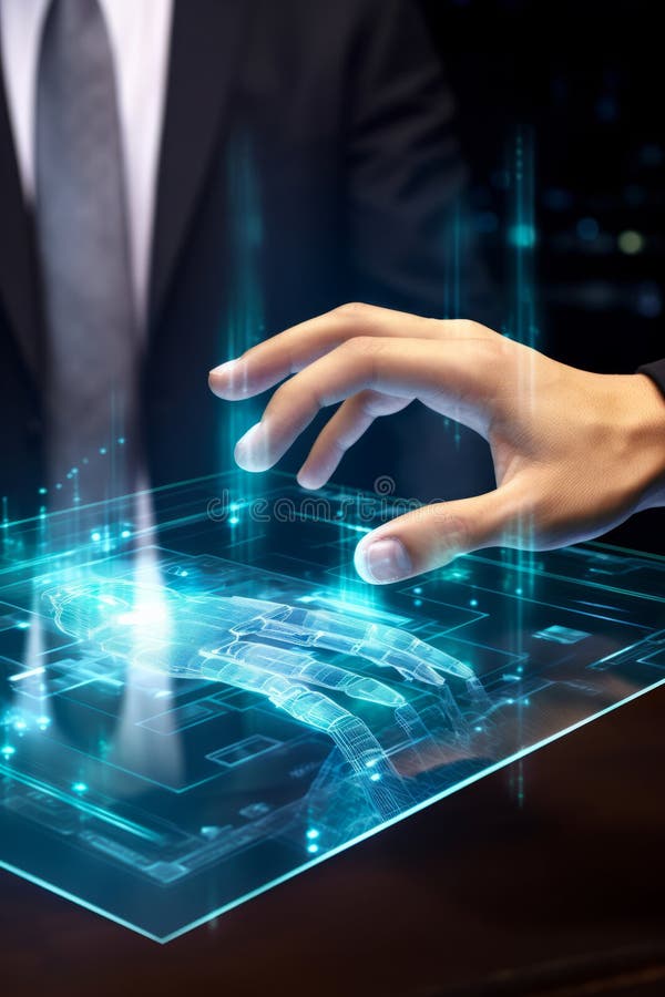 Person Touching Touch Screen with Futuristic Background of Blue Lights ...