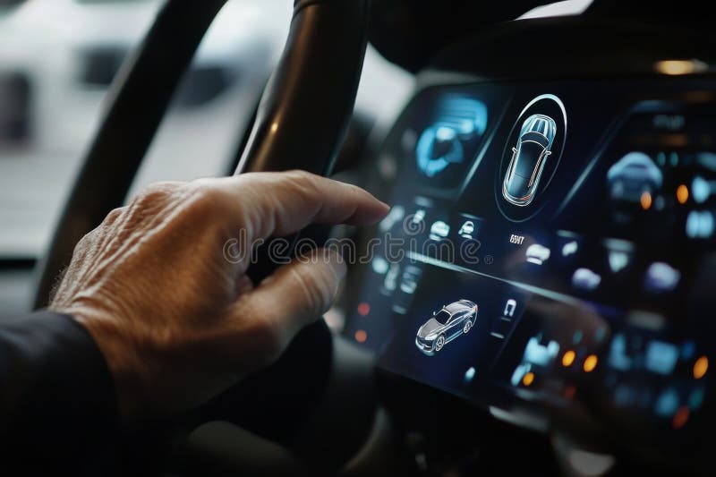 A Person is Touching the Touchscreen Interface of a High-tech Car ...