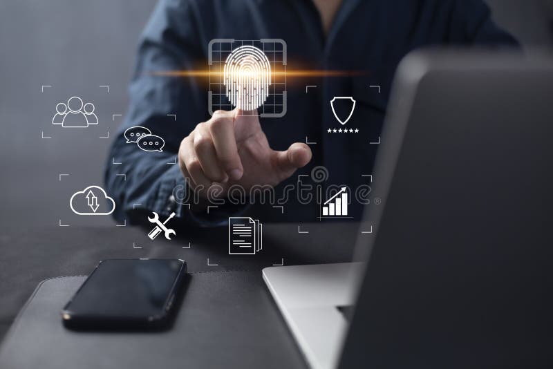 Person Touching Virtual Screen To Scan Fingerprints, Digital ...