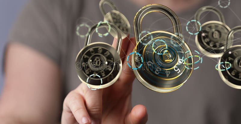 Person Touching a Web of Illustrative 3D Rendered Locks Stock Photo ...