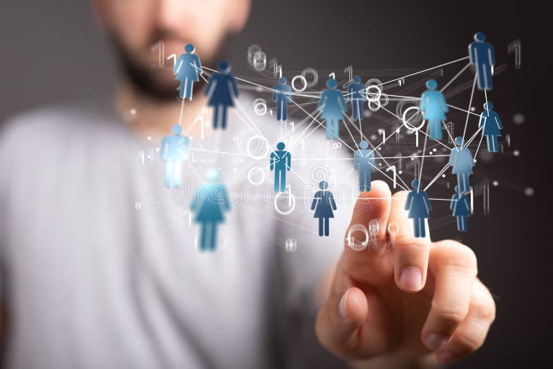 Person Touching a Web of Illustrative 3D Rendered User Icons Stock ...