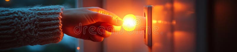 Person Turning Off the Light Switch with Warm Light Glowing in the ...
