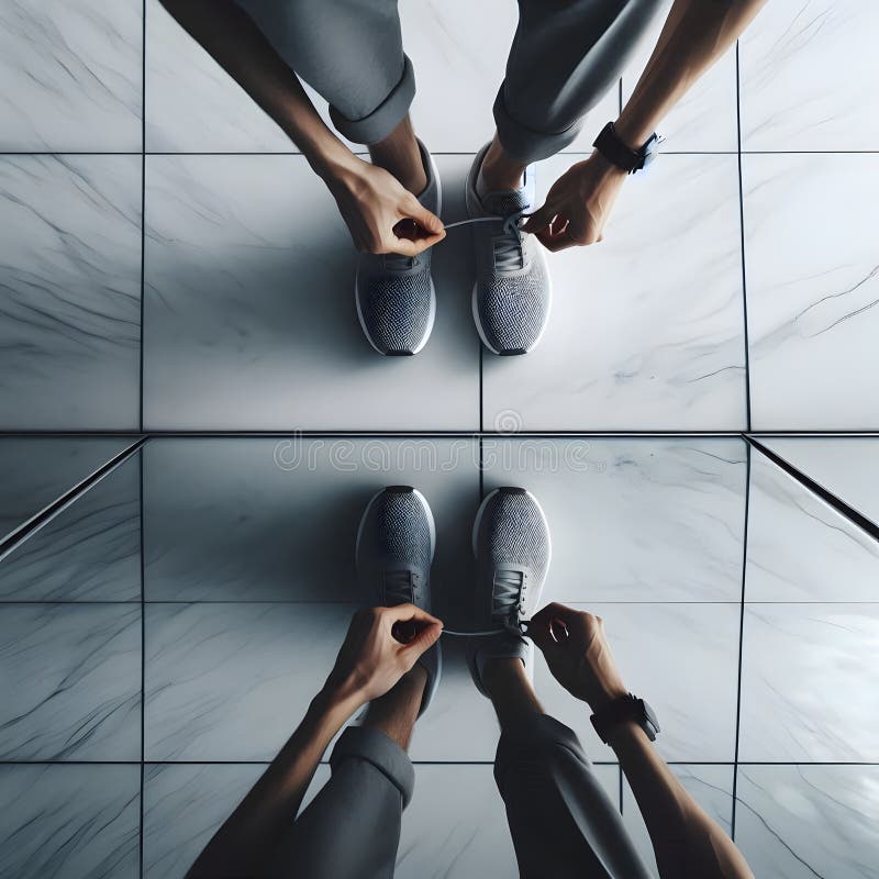 A Person Tying Their Shoelaces, Captured from an Overhead Perspective ...