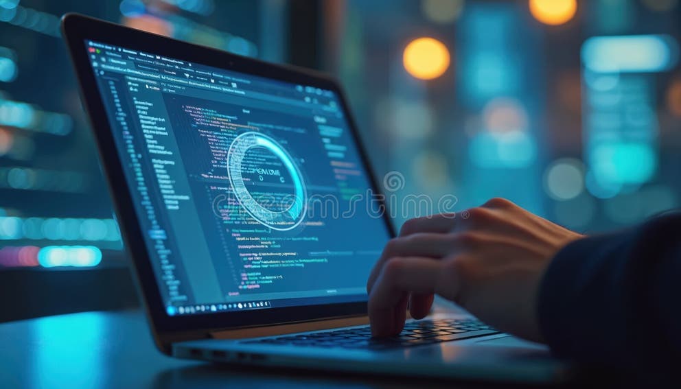Person Types Code on Laptop. Hands Typing on Keyboard. Software Update ...