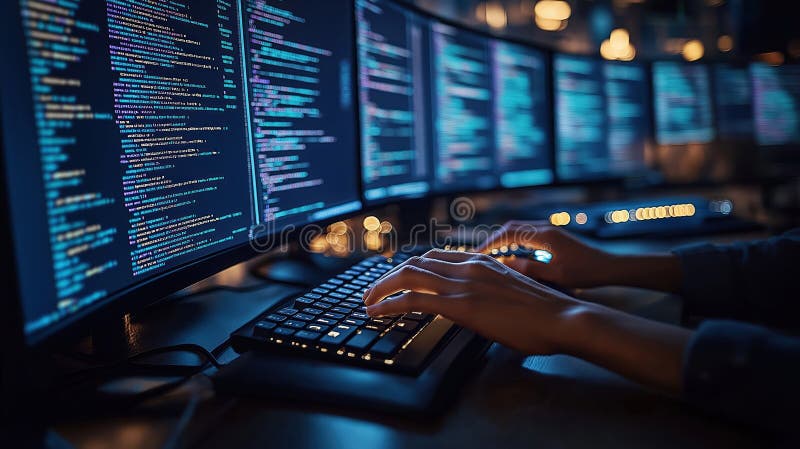 Person Types on Computer Keyboard. Multiple Computer Screens Show Code. Programmer Works Late at ...
