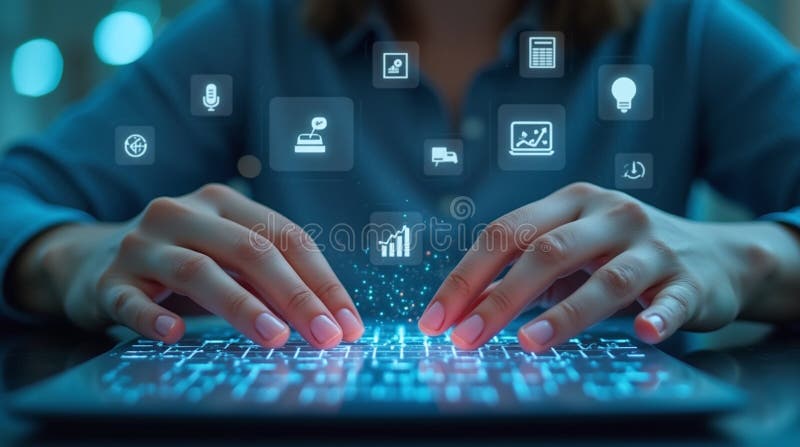 Hands Typing on Illuminated Keyboard with Digital Icons Stock ...